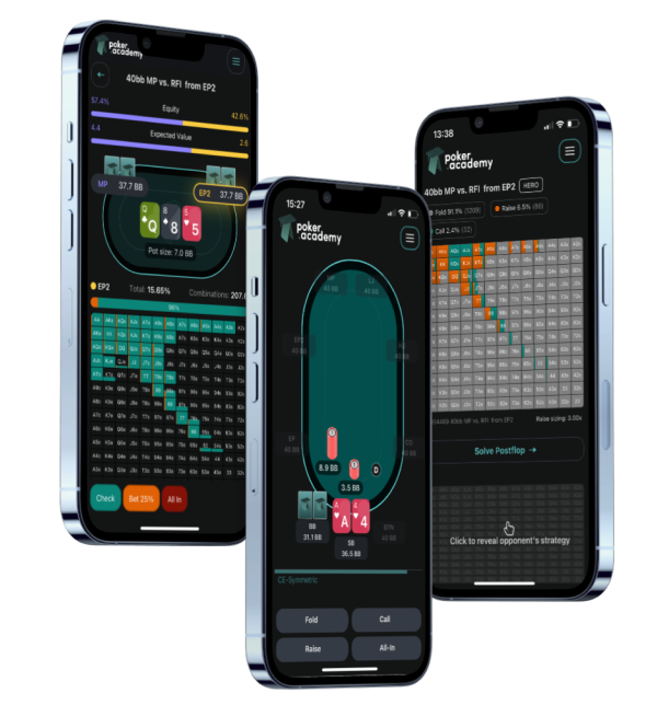 Mobile phones crossed, one with poker matrix, another table and action ...